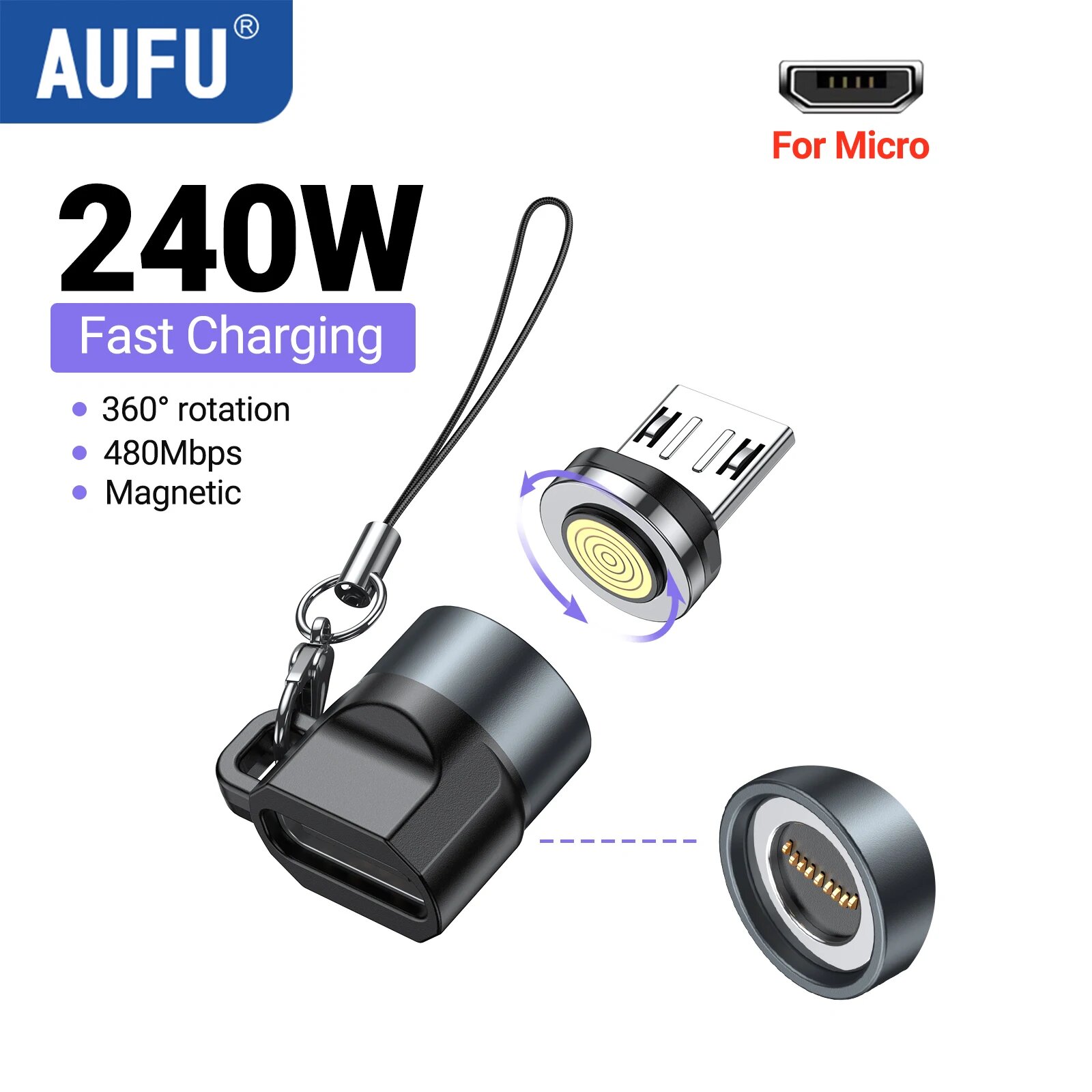 Магнитный OTG-адаптер AUFU 240W: Type-C (женский) на Type-C/Micro USB (мужской) Mini Style A Micro