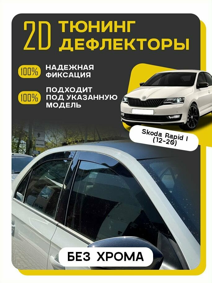 Плоские тюнинг дефлекторы для окон Skoda Rapid 1 (2012-2020) 1 поколение / Ветровики на Шкода Рапид 1, 2d дефлекторы. Комплект 4 шт.
