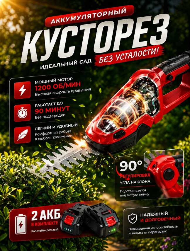 Кусторез садовый, аккумуляторный, для стрижки кустарников