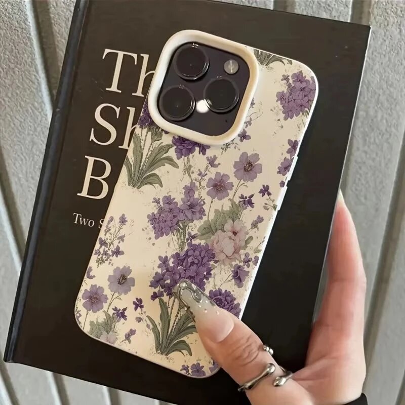 Винтажный чехол для телефона с фиолетовым цветочным узором для iPhone 17 Pro Max 16 Plus 15 Pro 14 13 12 11 XR XS 17Air, мягкий чехол с текстурой личи