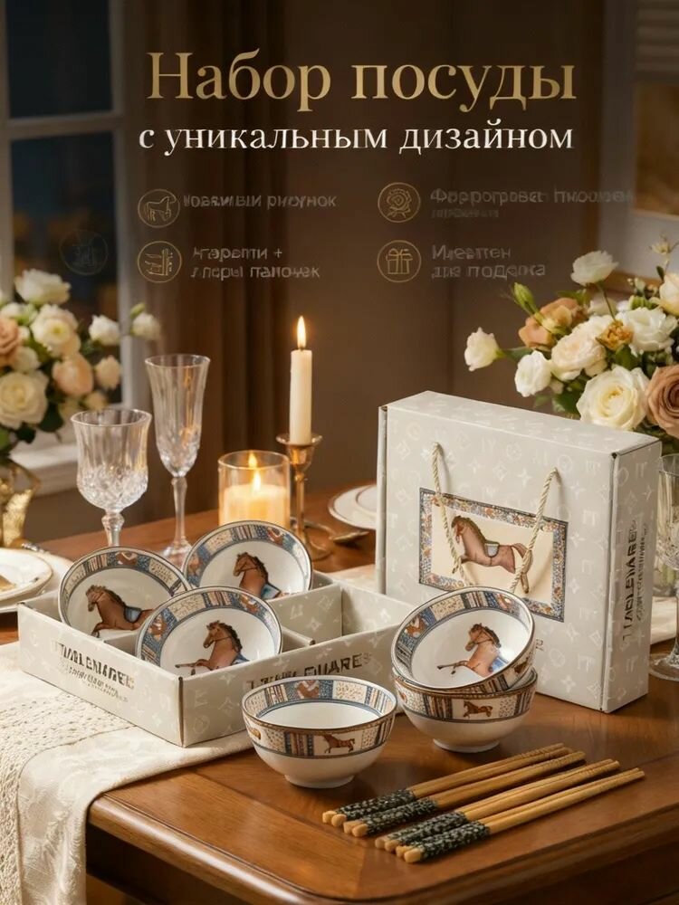 Пиала Лошадь 300 мл белый, коричневый, 4 шт