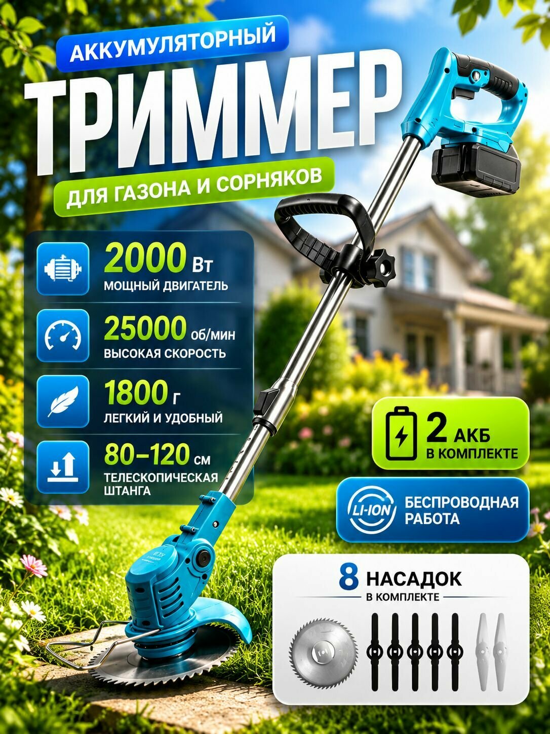 Триммер аккумуляторный садовый, газонокосилка аккумуляторная, 350W 48V 2500MAH 2 АКБ
