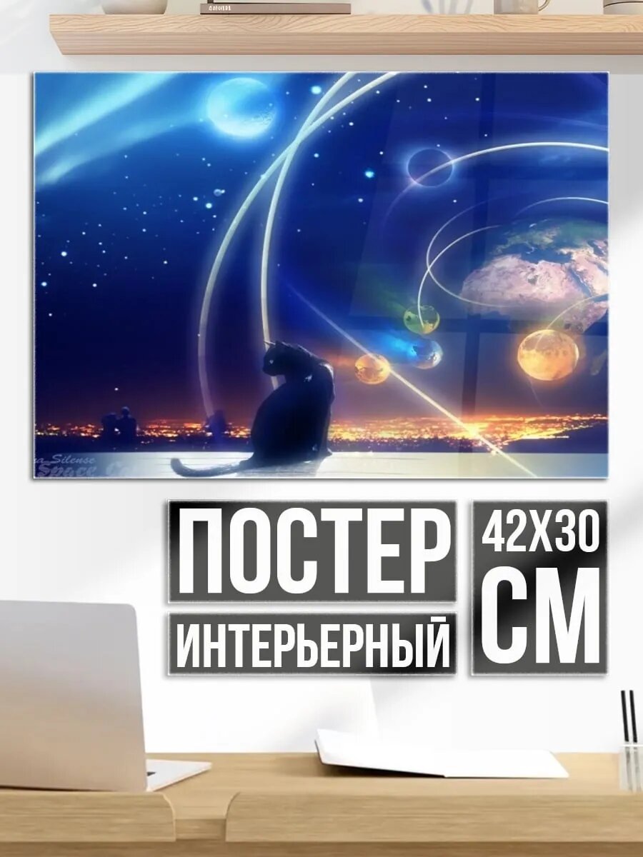Плакат постер Черный кот космос