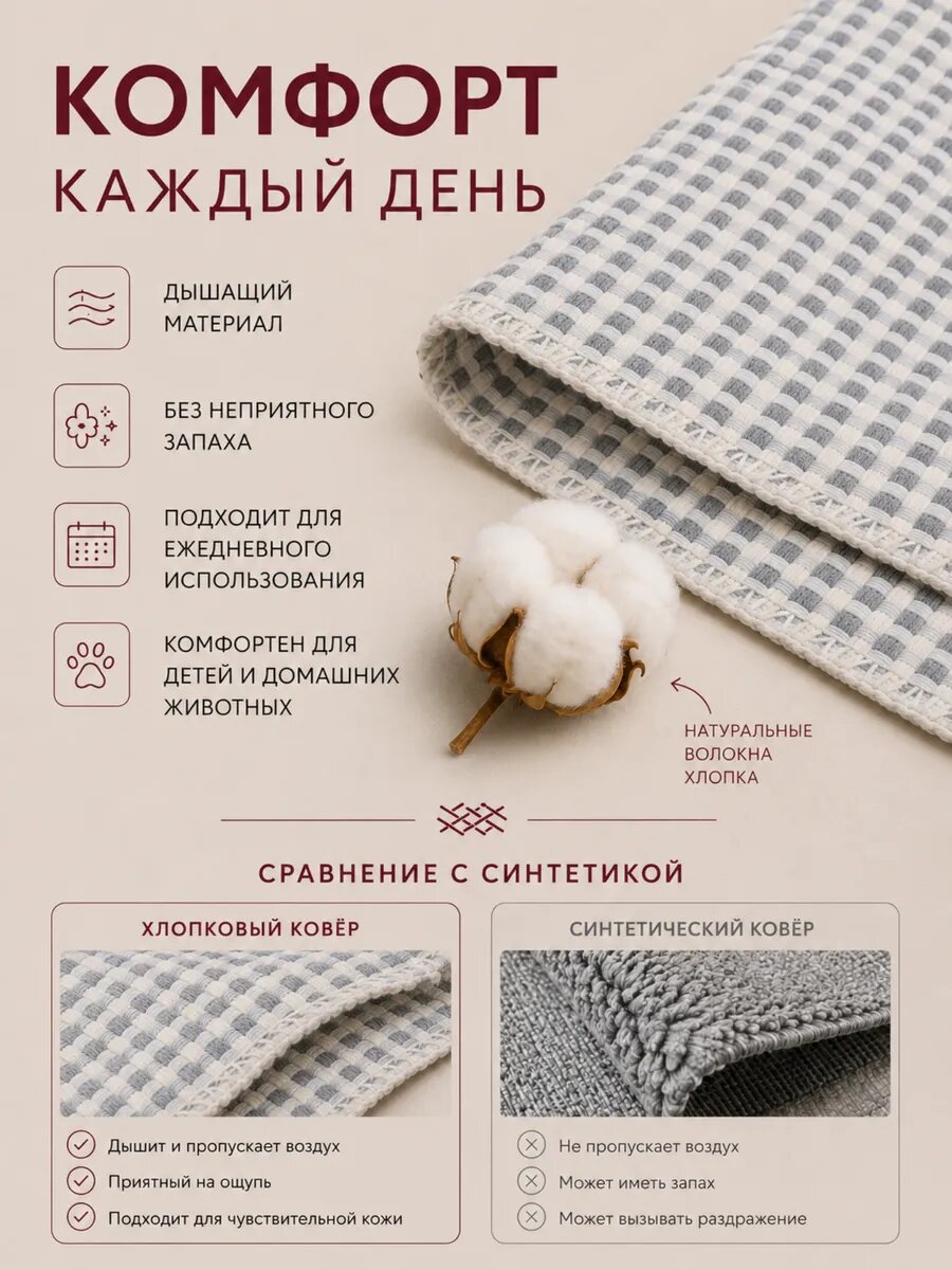 Двухсторонний ковер из хлопка, машинная стирка, 60x100см, для гостинной и ванной комнаты — фото 1
