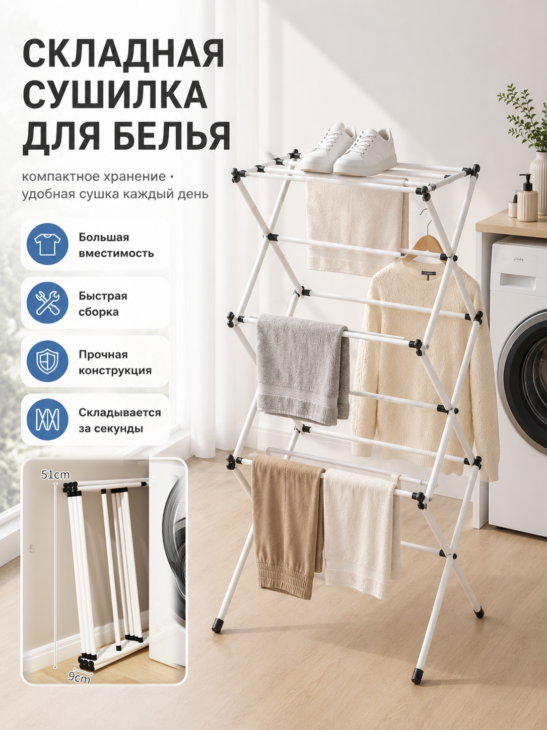 Сушилка для белья напольная вертикальная, складная многоярусная сушилка для одежды, белая