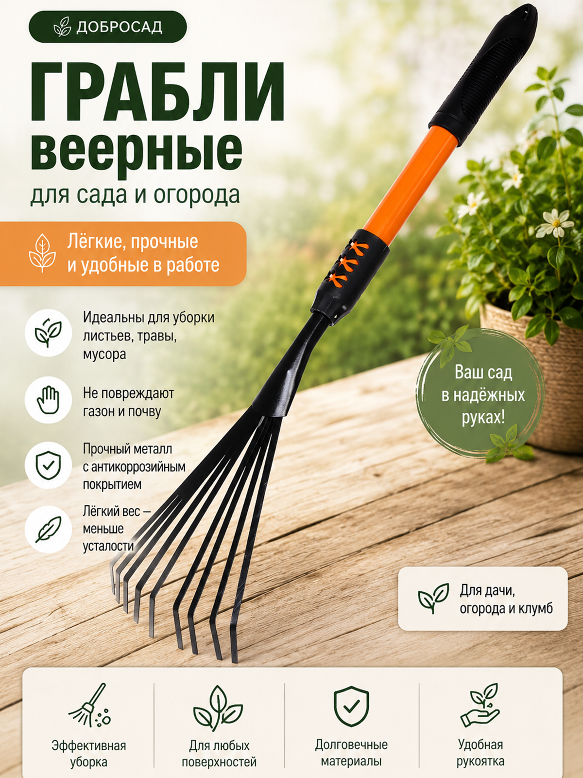 Грабельки веерные "Вейрона" 52см металлическая комбинированная ручка ДоброСад