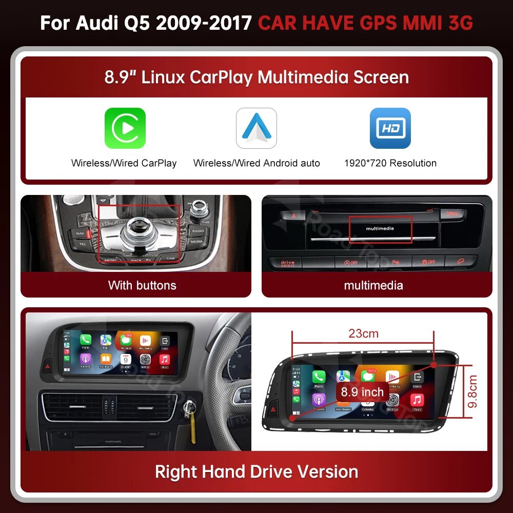 RoadTop 8,9 "12,3" Linux беспроводной мультимедиа CarPlay Android Auto ультратонкий 8.9 RHD MMI 3G