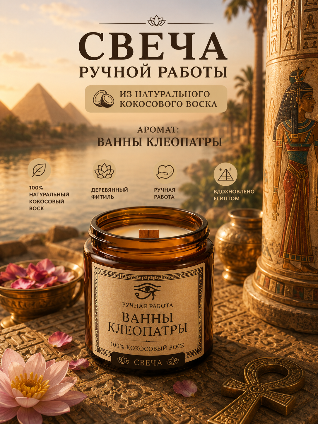Свеча ароматическая «Ванны Клеопатры» | Кокосовый воск | Деревянный фитиль | Подарок для женщин