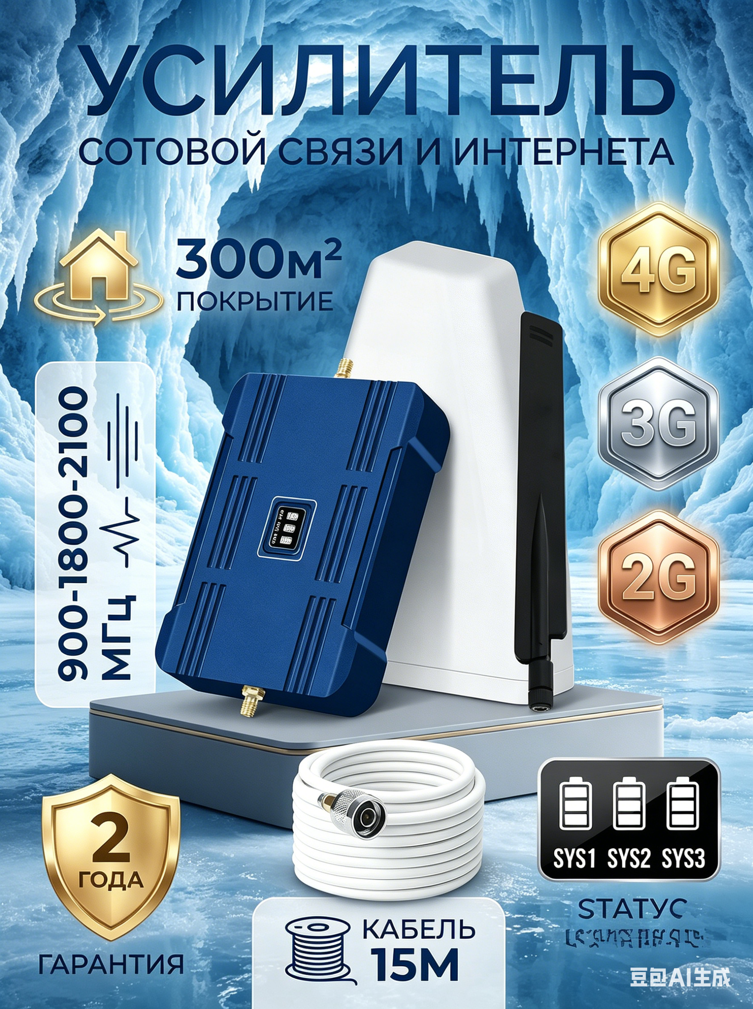 Усилитель сотовой связи 900/1800/2100 МГц (2G/3G/4G): до 70 км, направленный, синий, 1.3 кг