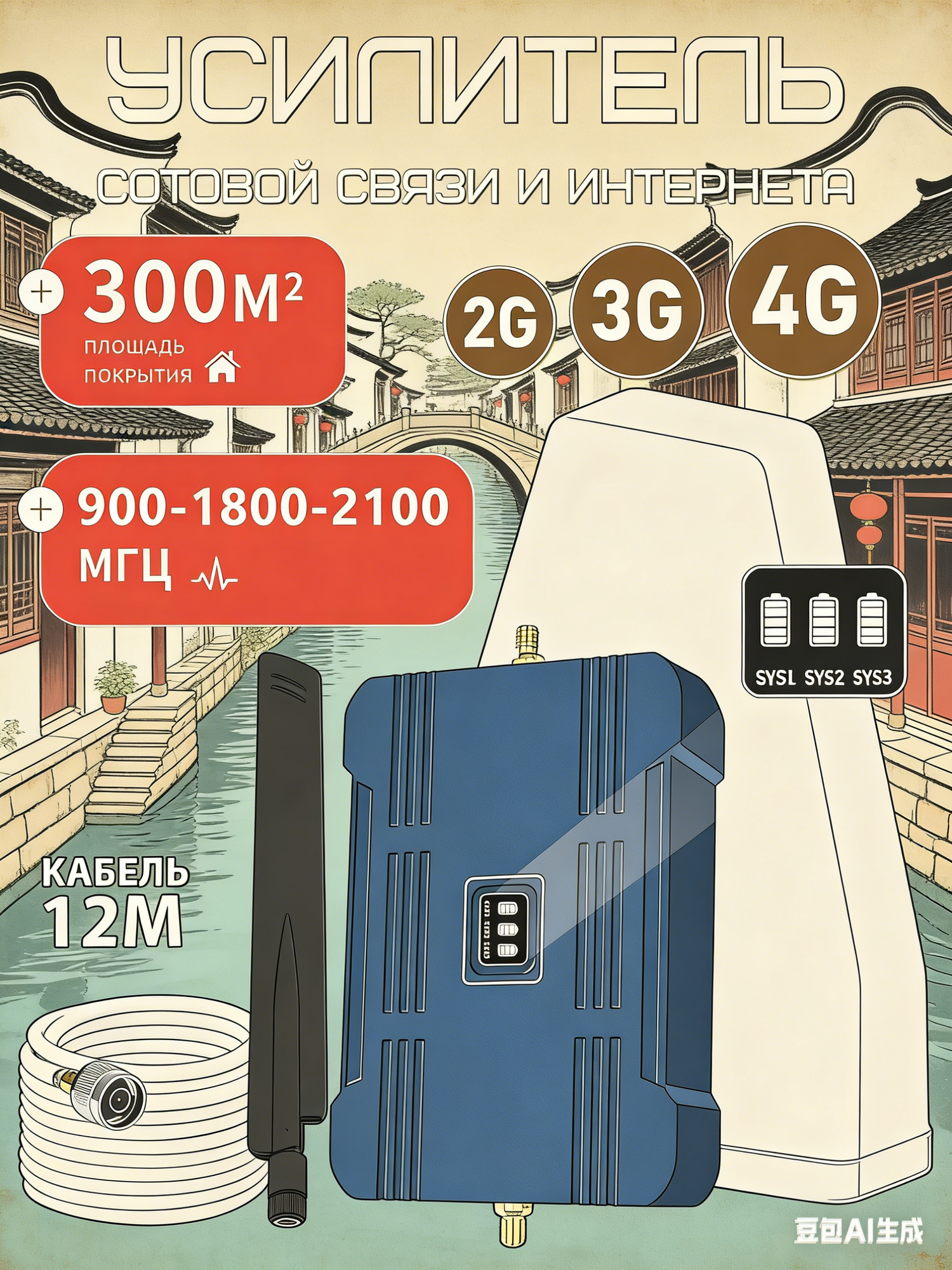 Усилитель сотовой связи 900/1800/2100 МГц (2G/3G/4G): до 70 км, направленный, синий, 1.3 кг