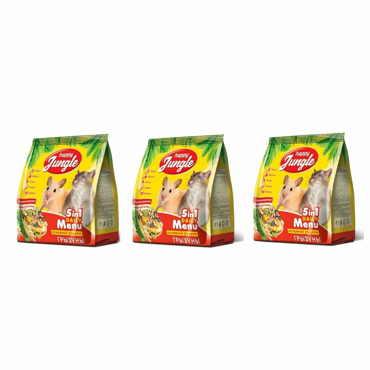 Happy Jungle Корм сухой для грызунов, основной рацион , 350 г,3 уп.