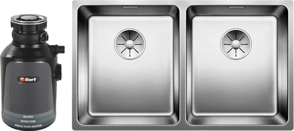 Комплект Мойка Blanco Andano 340/340-U 74x44, сталь, нержавеющая сталь / Измельчитель Bort Alligator 93410754 электрический, нержавеющая сталь