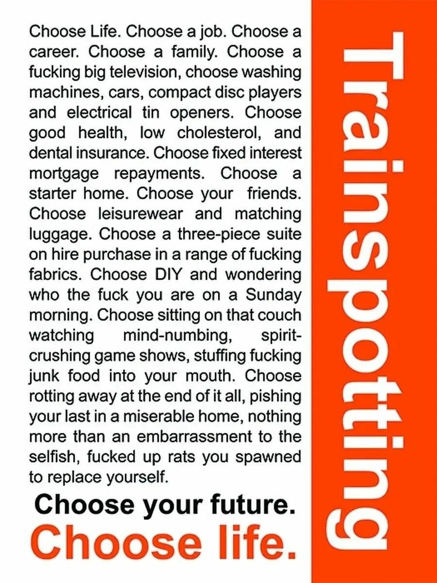 Постер для интерьера на стену (40х50 см). Кино На Игле. Choose Life (Trainspotting)