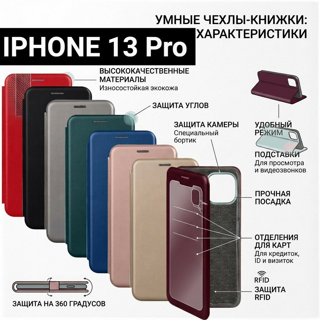 Чехол книжка для Apple iPhone 13 Pro с магнитным замком и отделением для карт, золотой