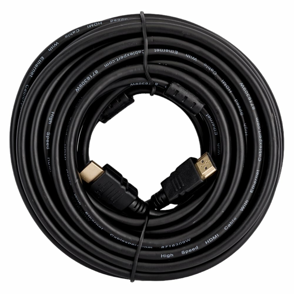 Кабель HDMI Cablexpert 19M/19M, v2.0, медь, позол. контакты, экран, 2 фер. кольца, 10м, черный, пакет, HDMI CCF2-HDMI4-10M — фото 1