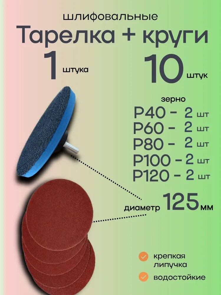 Тарелка и Круги шлифовальные (Набор) на липучке 125мм. P40, P60, P80, P100, P120. 10 штук.