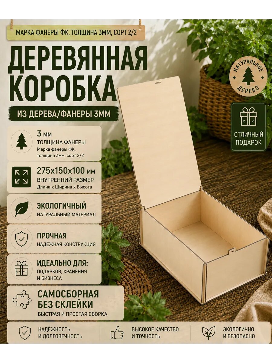 Коробка подарочная ящик деревянный декоративный с крышкой