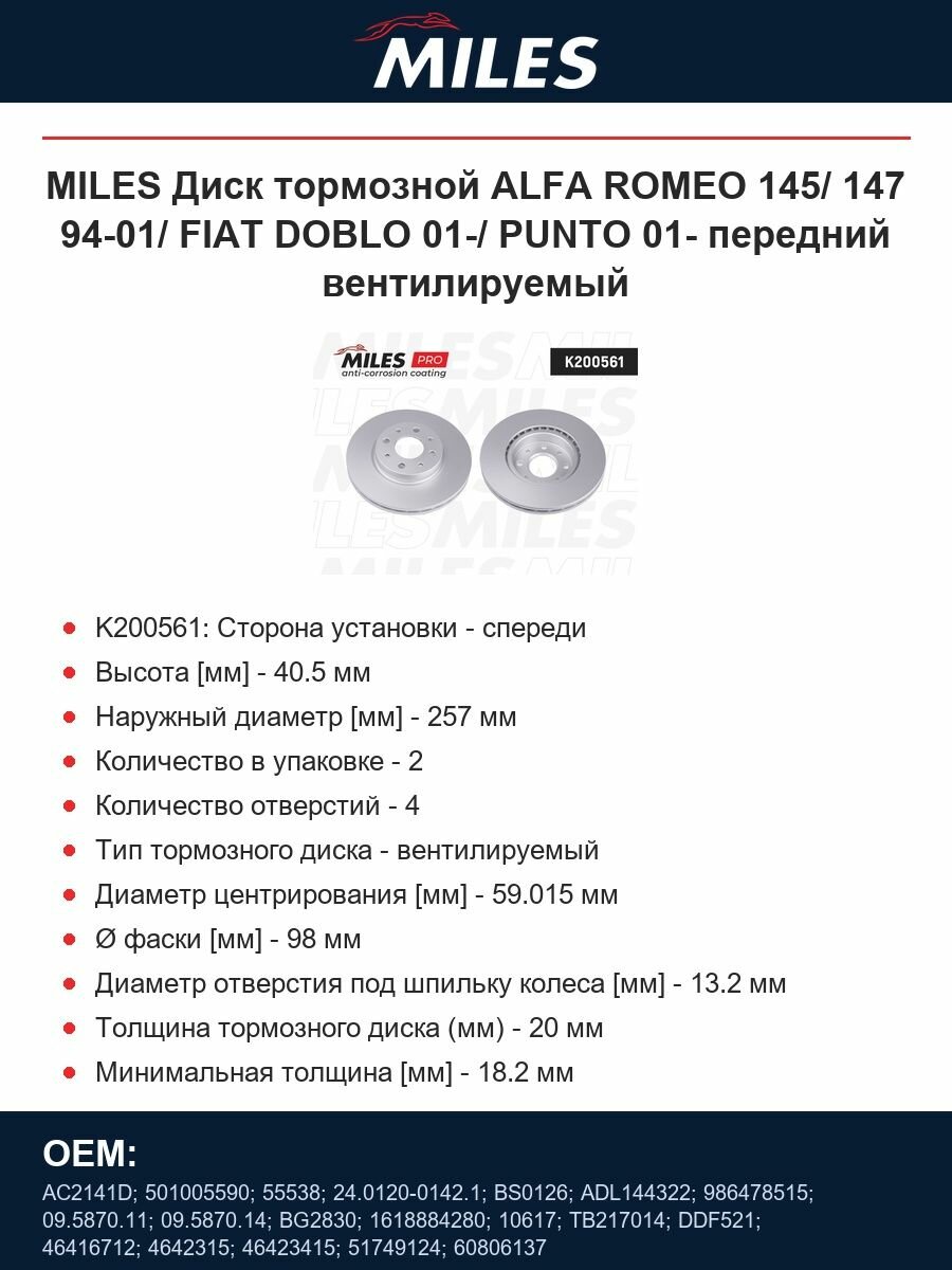 MILES Диск тормозной ALFA ROMEO 145/ 147 94-01/ FIAT DOBLO 01-/ PUNTO 01- передний вентилируемый