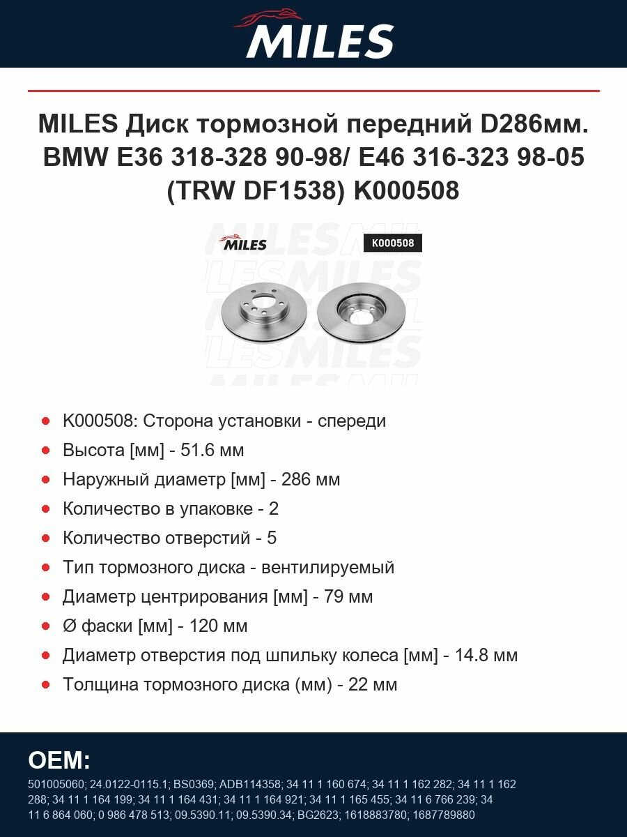 MILES Диск тормозной передний D286мм. BMW E36 318-328 90-98/ E46 316-323 98-05 (TRW DF1538) K000508
