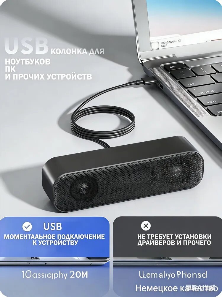 Колонка акустическая для ноутбука, компьютера, проводная usb, моментальное подключение