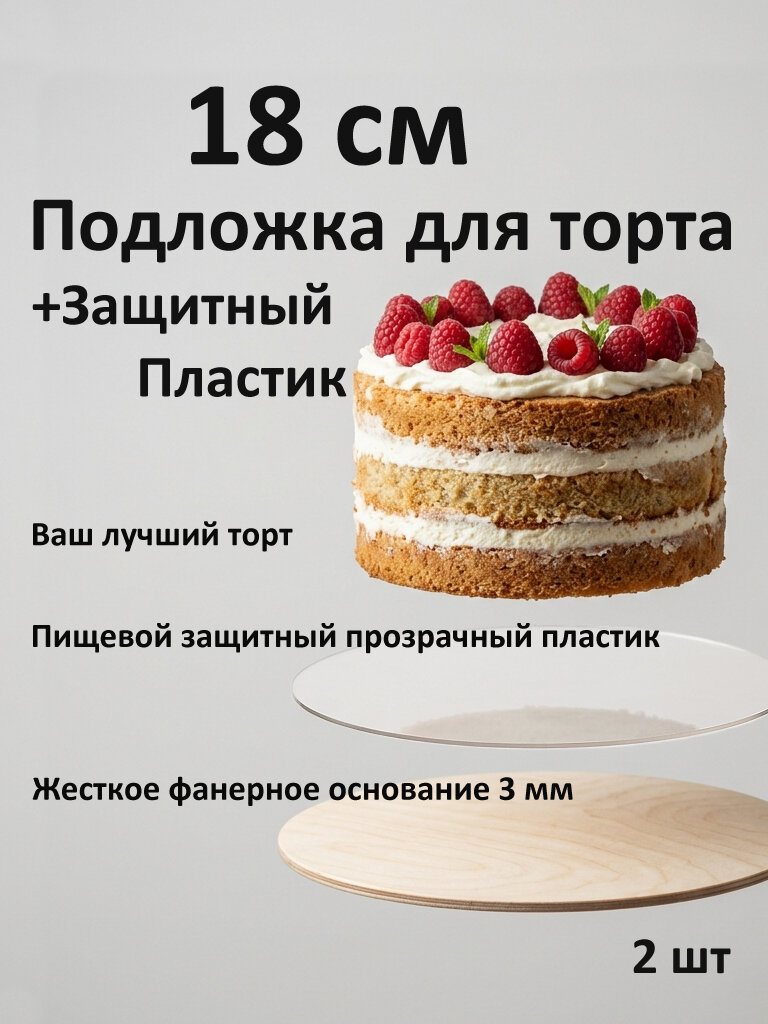 Подложка для торта 18 см усиленная (фанера 3 мм) + защитный ПЭТ-пластик в комплекте