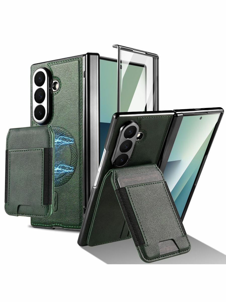 Galaxy Z Fold5 чехол из экокожи, магнитный, с кардхолдером, подставкой, защитой шарнира, встроенной пленкой и поддержкой беспроводной зарядки