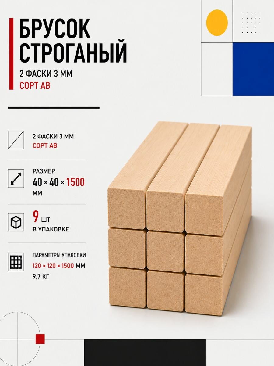Брусок строганый 2 Фаски 3 мм сорт АВ, 40х40х1500, 9шт, хвойных пород