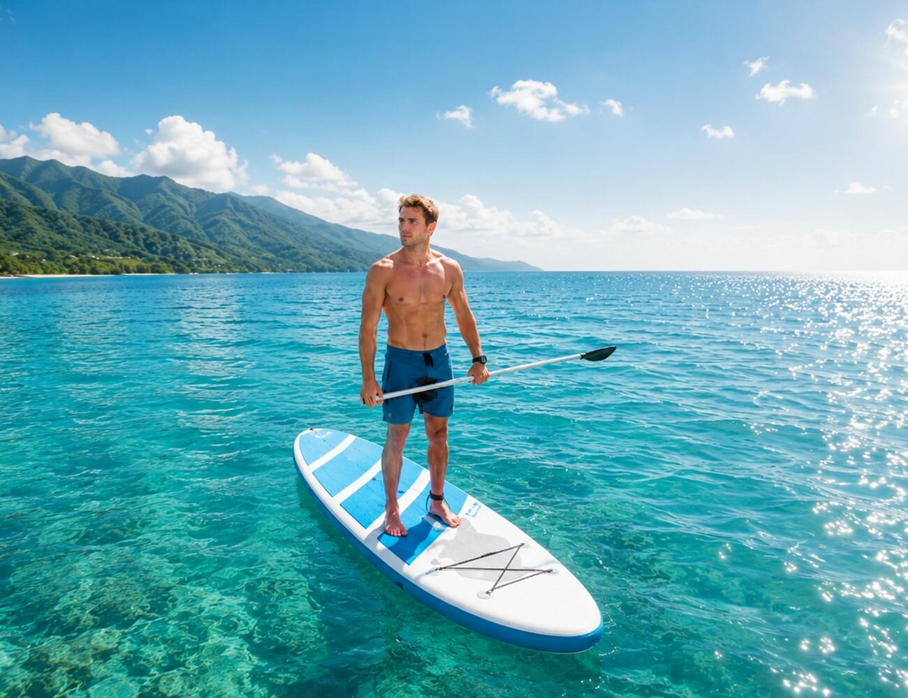 Надувная доска для SUP-бординга Аква Квест 320 (Aqua Quest) с насосом и веслами, 320х81х15 см, 68242