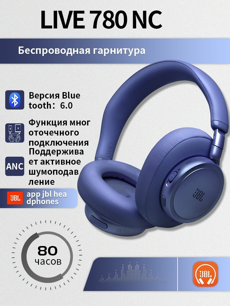 Наушники JBL Live 780NC Bluetooth, Hi-Res Audio, адаптивный ANC 2.0, 6 микрофонов, 80 часов работы