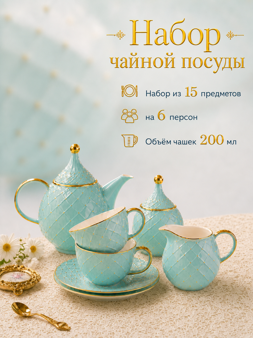 Чайный сервиз "Жемчужные точки" 45%/24K, костяной фарфор, голубой, 6 персон
