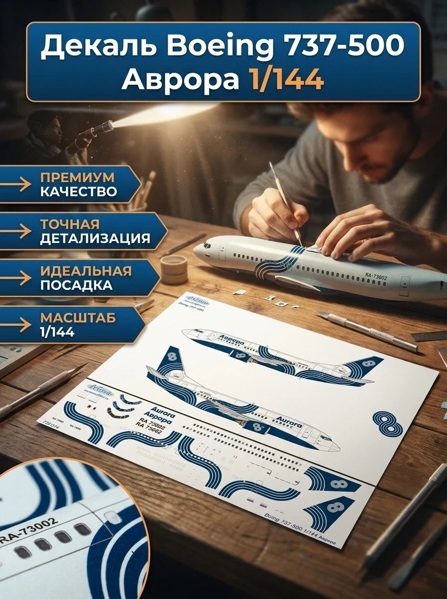 Декаль для сборной модели самолета Boeing 737-500 авиакомпании Аврора, масштаб 1/144