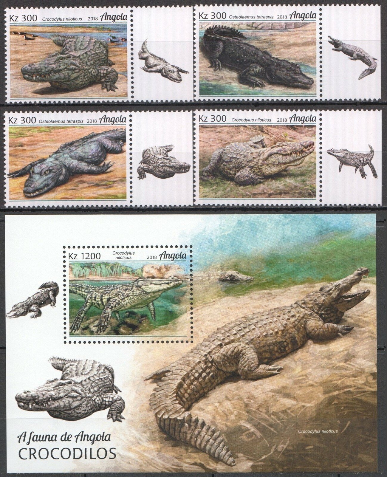 Марки 2018 год Ангола Крокодилы Рептилии Фауна #1941-1944+Bl154 Mnh
