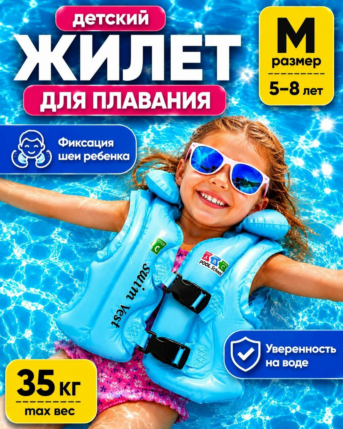 Жилет надувной детский для плавания Ж01 спасательный, размер M (B), 5-8 лет, голубой