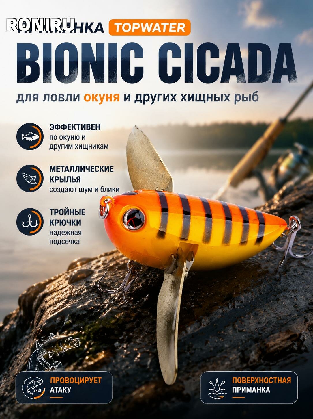 Приманка Topwater Bionic Cicada для ловли окуня и других хищных рыб с тройными крючками и металлическими крыльями