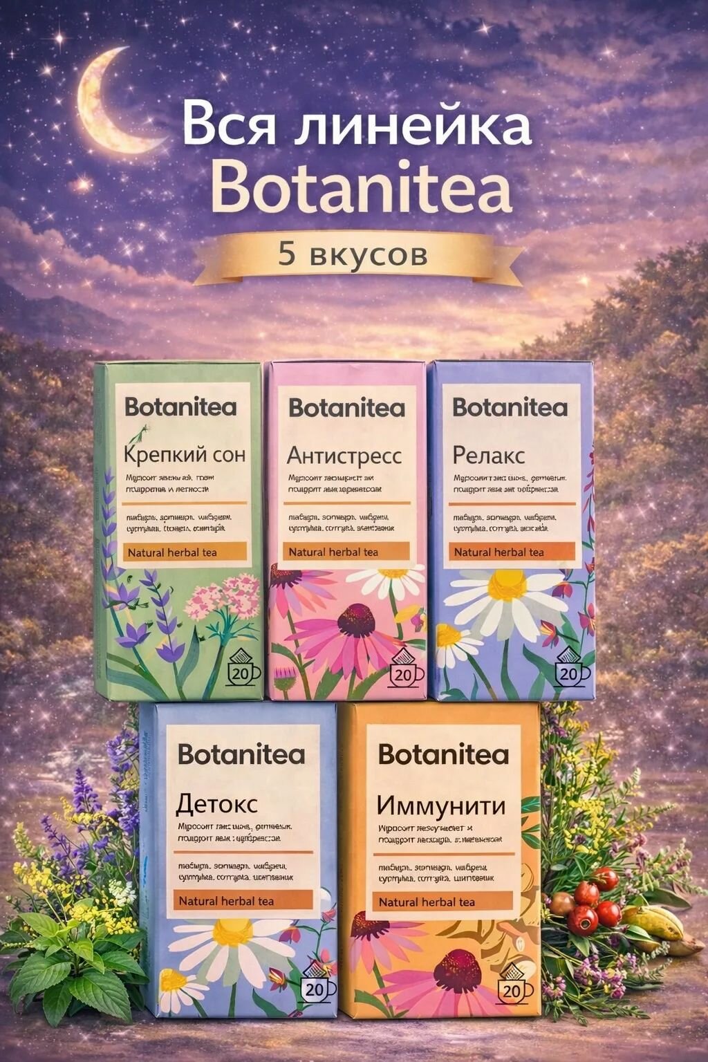 Набор Травяного чая Botanitea Ассорти, 5 пачек по 36 г