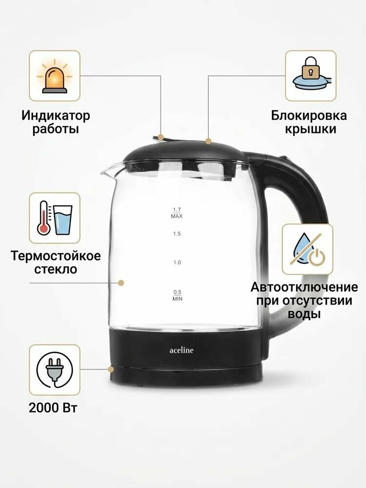 Электрочайник Aceline EK-P2000W черный 1,7л закаленное стекло