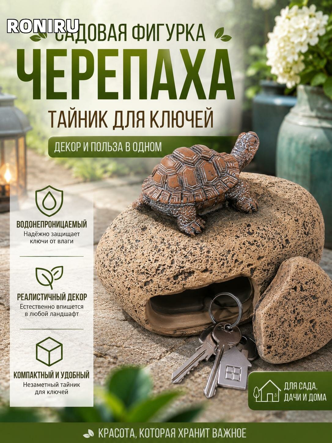 Садовая фигурка Черепаха — водонепроницаемый тайник для хранения ключей, компактный декор для сада, дачи и дома