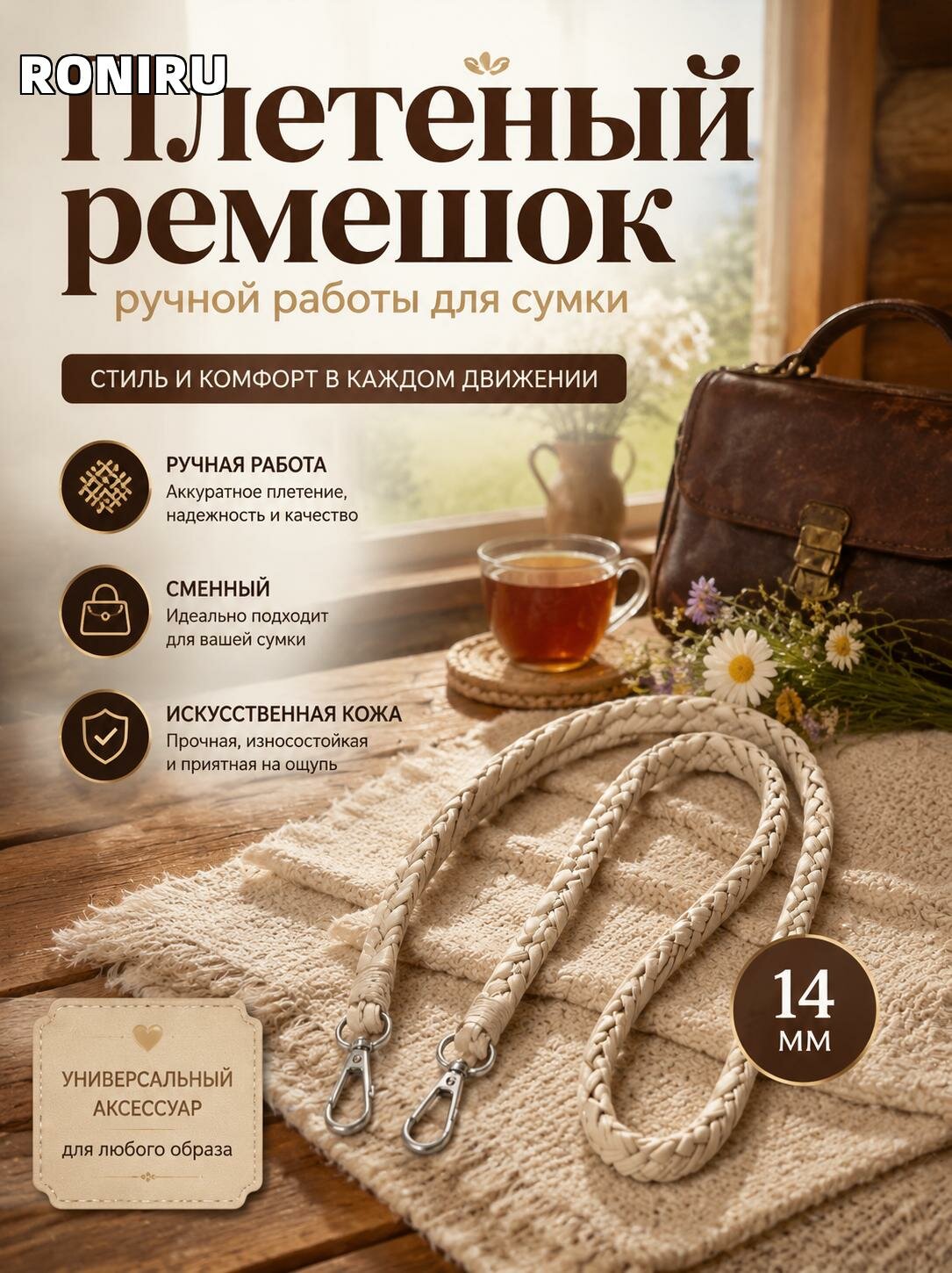 Плетеный ремешок ручной работы для сумки, плечевой сменный из искусственной кожи 14 мм