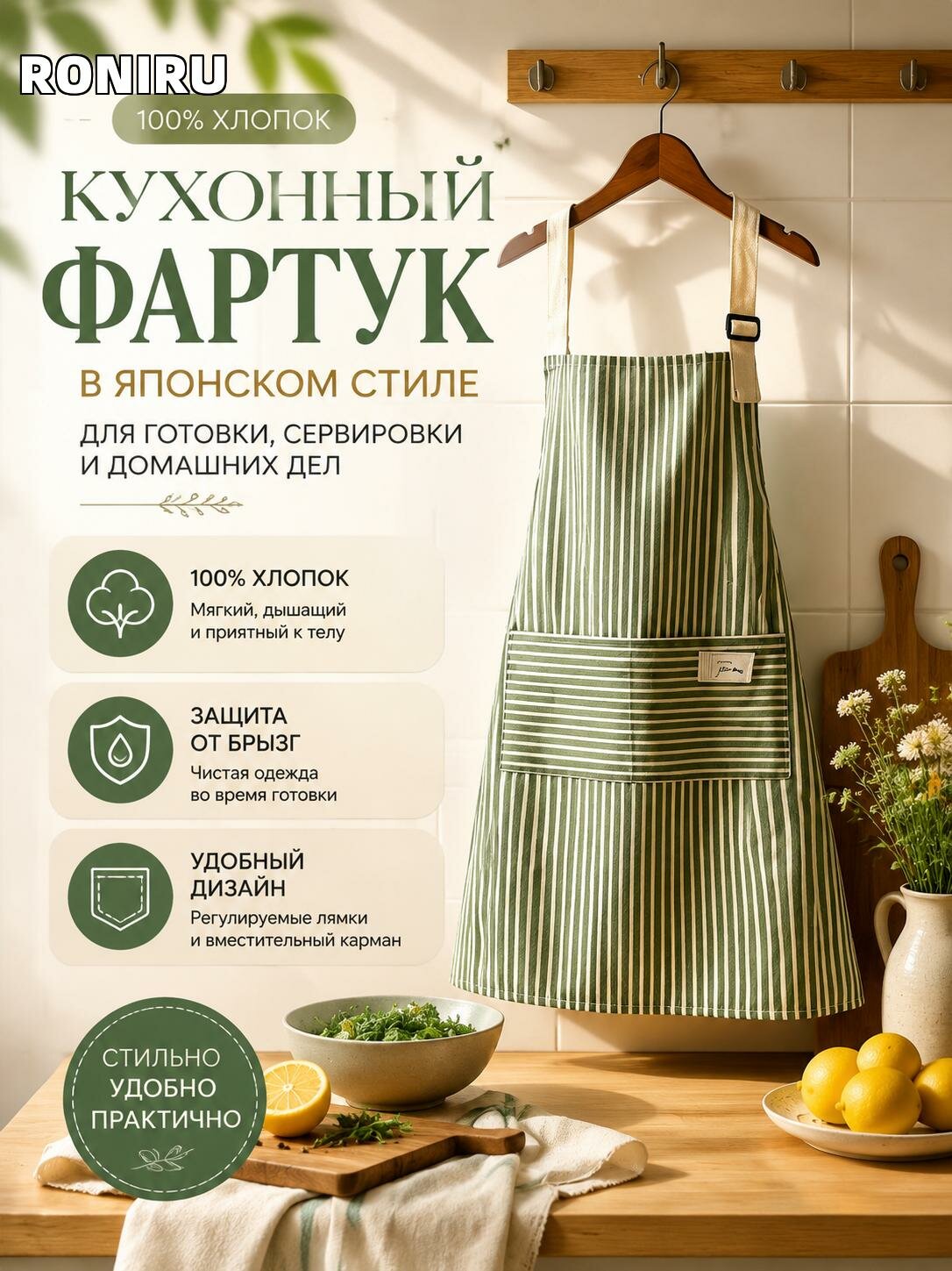 Фартук для кухни, 100% хлопок в японском стиле без рукавов, защита от брызг и удобный дизайн для готовки, сервировки и домашних дел
