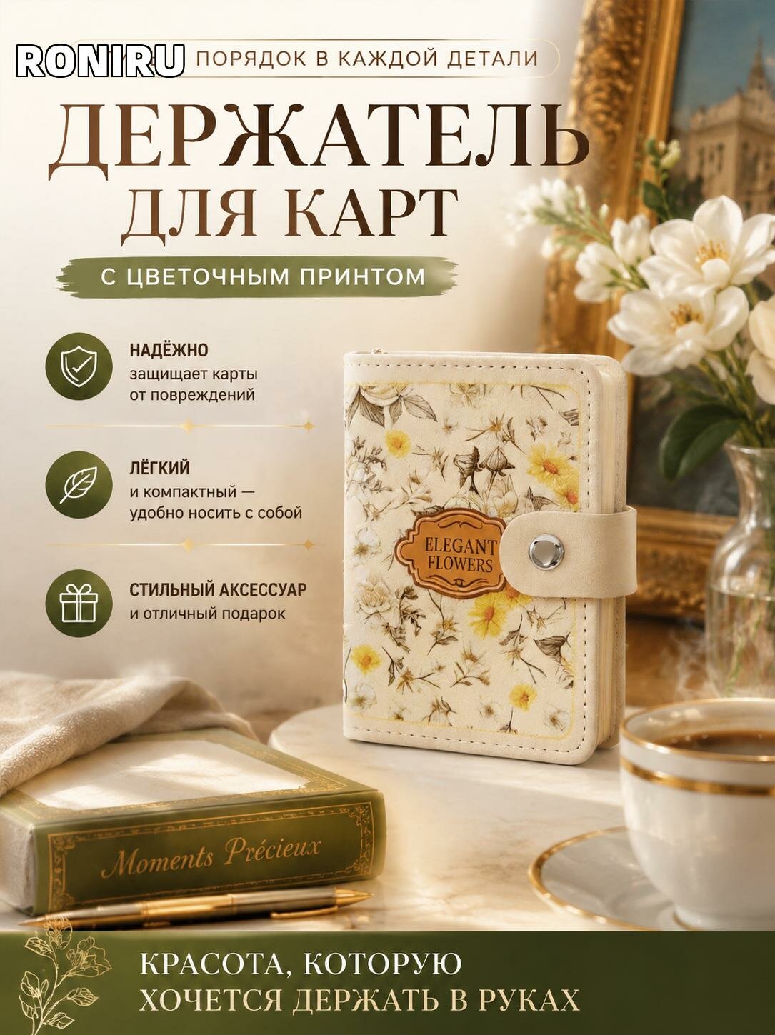 Красивый держатель для карт, в стиле масляной живописи с цветочным принтом — декоративный аксессуар для хранения и аккуратной подачи карт
