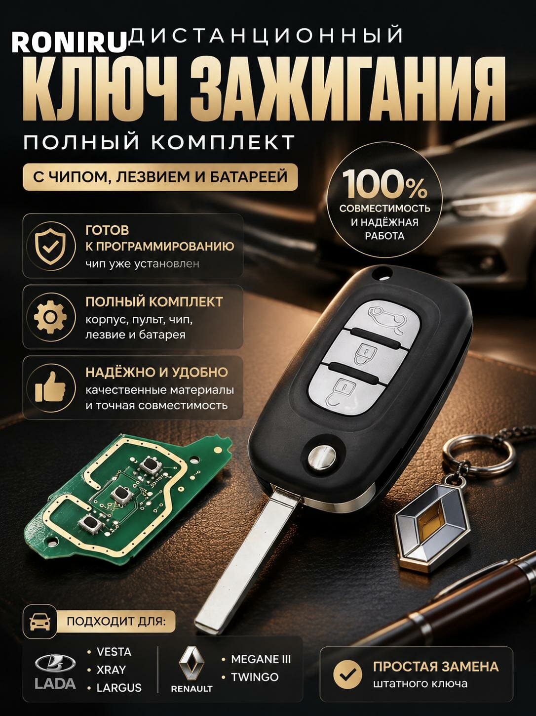 Дистанционный ключ зажигания для LADA Vesta, XRAY, Largus и Renault Megane III Twingo, полный комплект с корпусом, пультом, чипом, лезвием и батареей