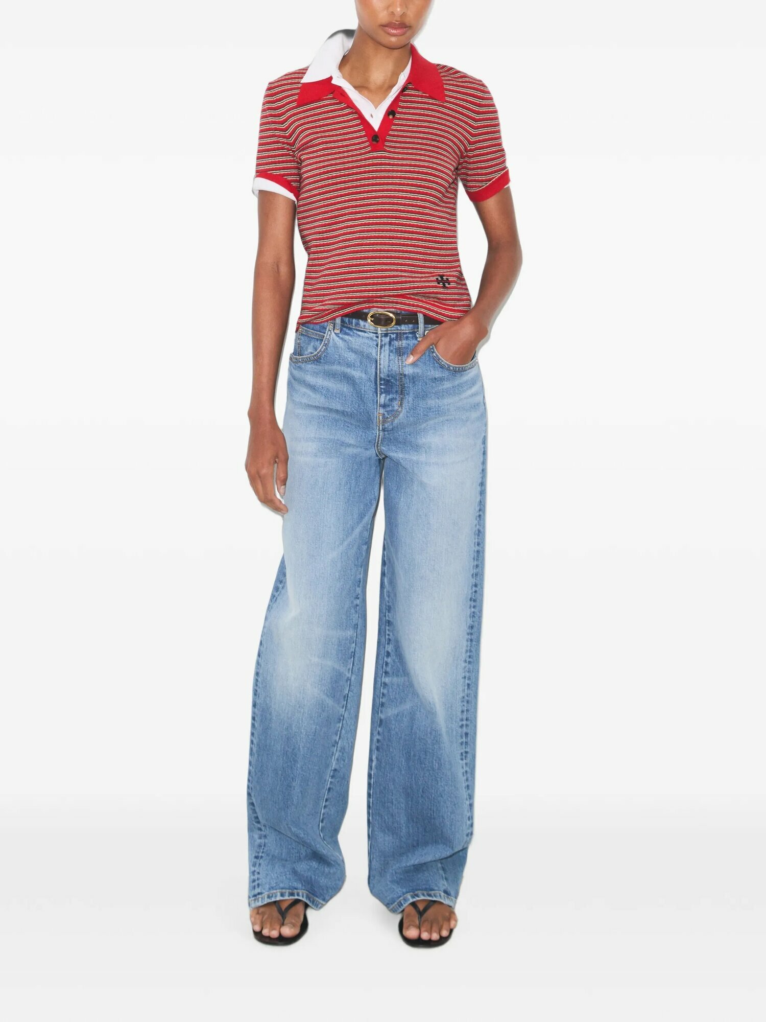Топ Tory Burch Striped viscose polo, размер XS, Rouge Red — фото 1