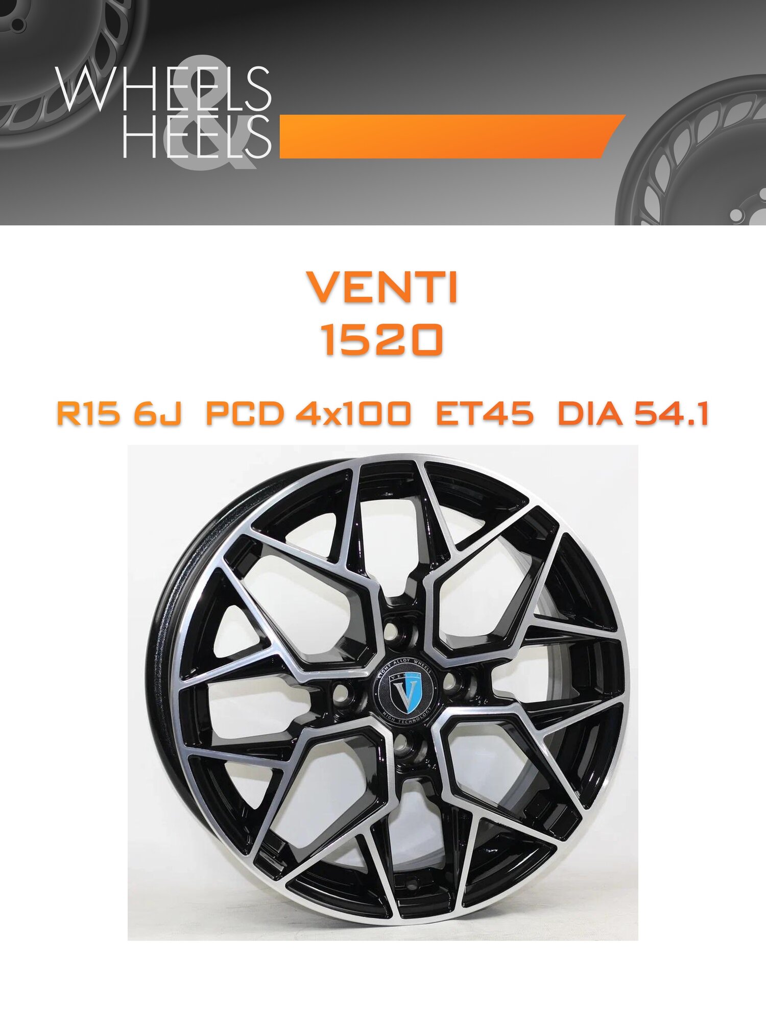 Диск автомобильный литой Venti 1520 15x6 4x100 et45 dia54.1 Чёрный с полированной лицевой частью