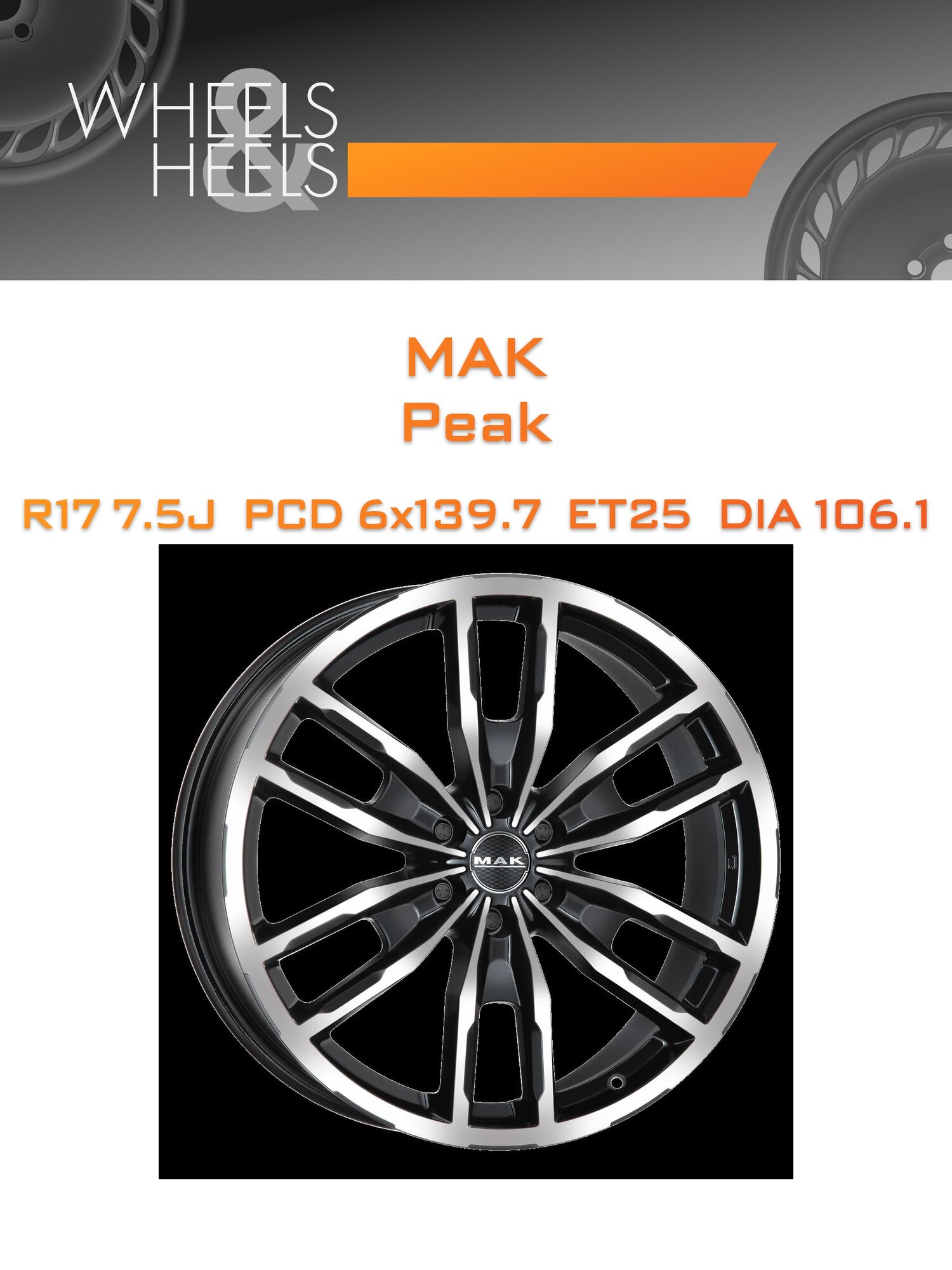 Диск автомобильный литой MAK Peak 17x7.5 6x139.7 et25 dia106.1 Чёрный глянцевый с полированной лицевой частью