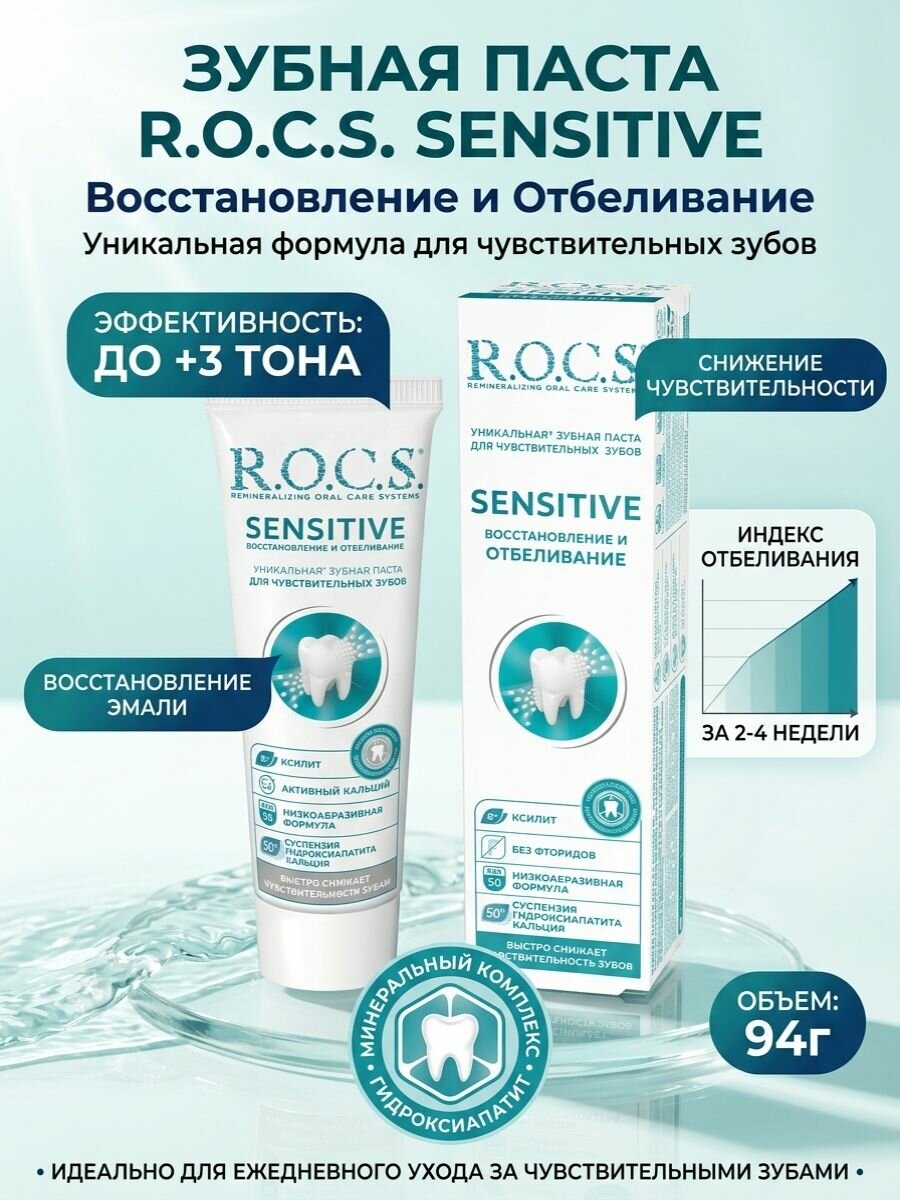 Зубная паста R.O.C.S. Sensitive Восстановление и Отбеливание, снижение чувствительности, 94 г
