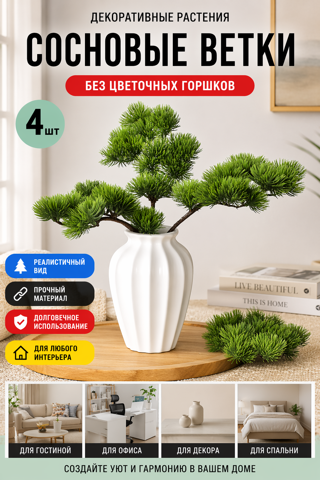 Сосновые ветки, искусственные растения, украшение для дома, дизайн бонсай, 5 штук
