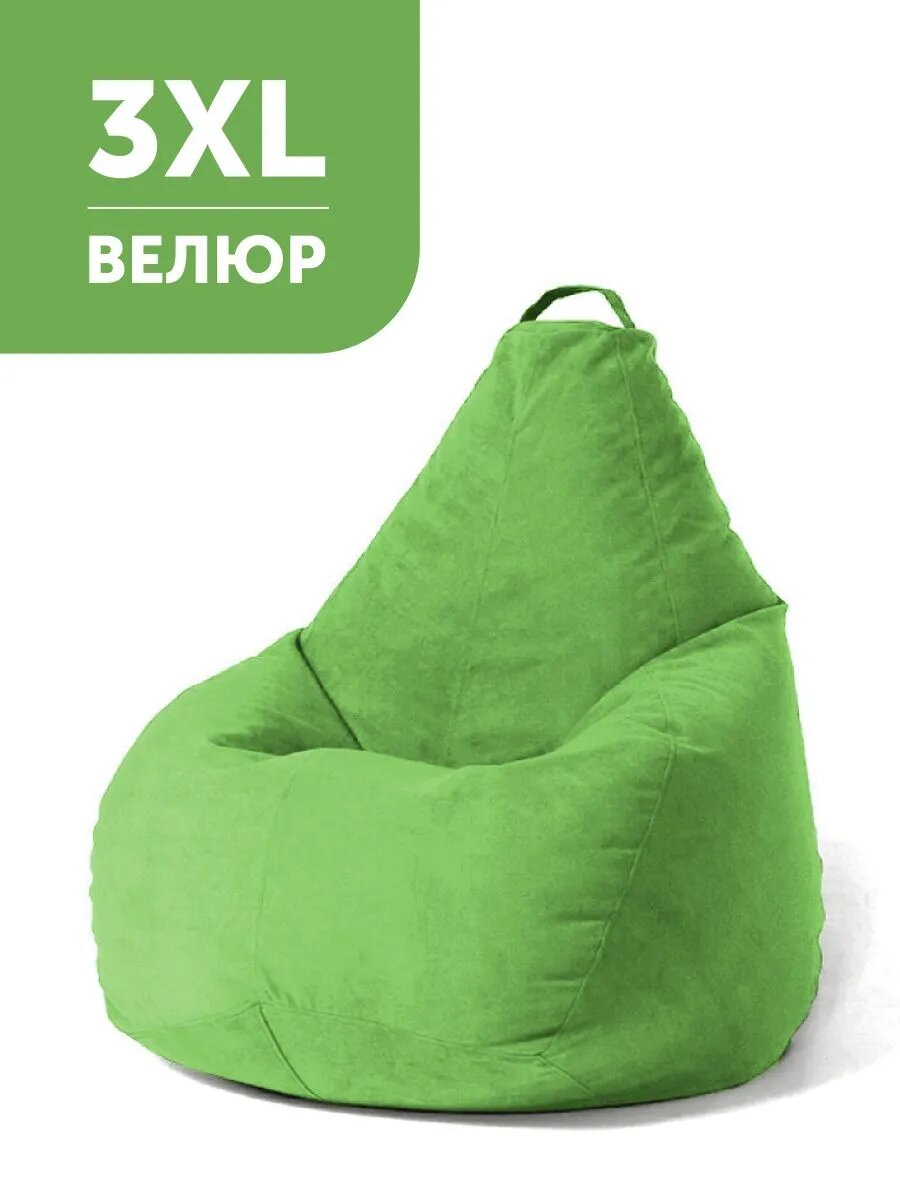 Кресло-мешок 3XL CoolPouf, велюр салатовый, средний размер, бескаркасный пуфик груша