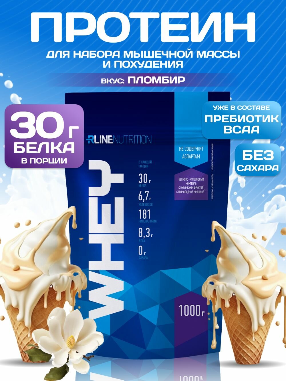 Протеин cывороточный Rline Whey, пломбир, 1000 г. Белковый коктейль. КСБ (концентрат сывороточного белка). Русский протеин для набора мышечной массы и похудения. Вэй набор массы похудение 1кг
