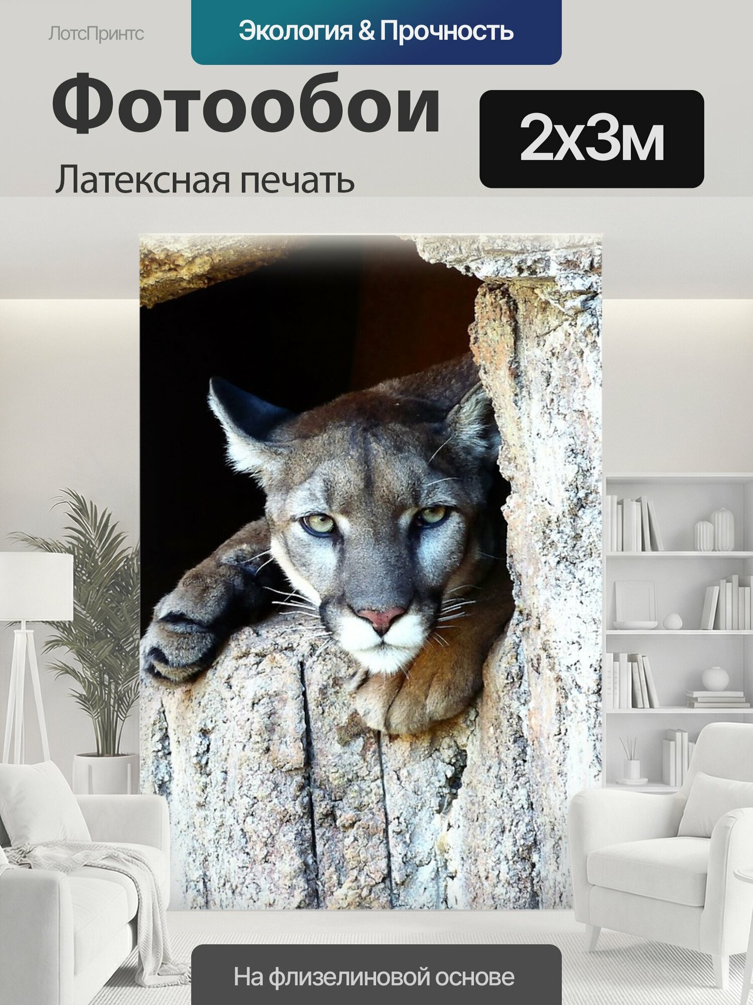 Фотообои моющиеся ударопрочные "Пума, feline, хищник" 200x300 см. латексная печать