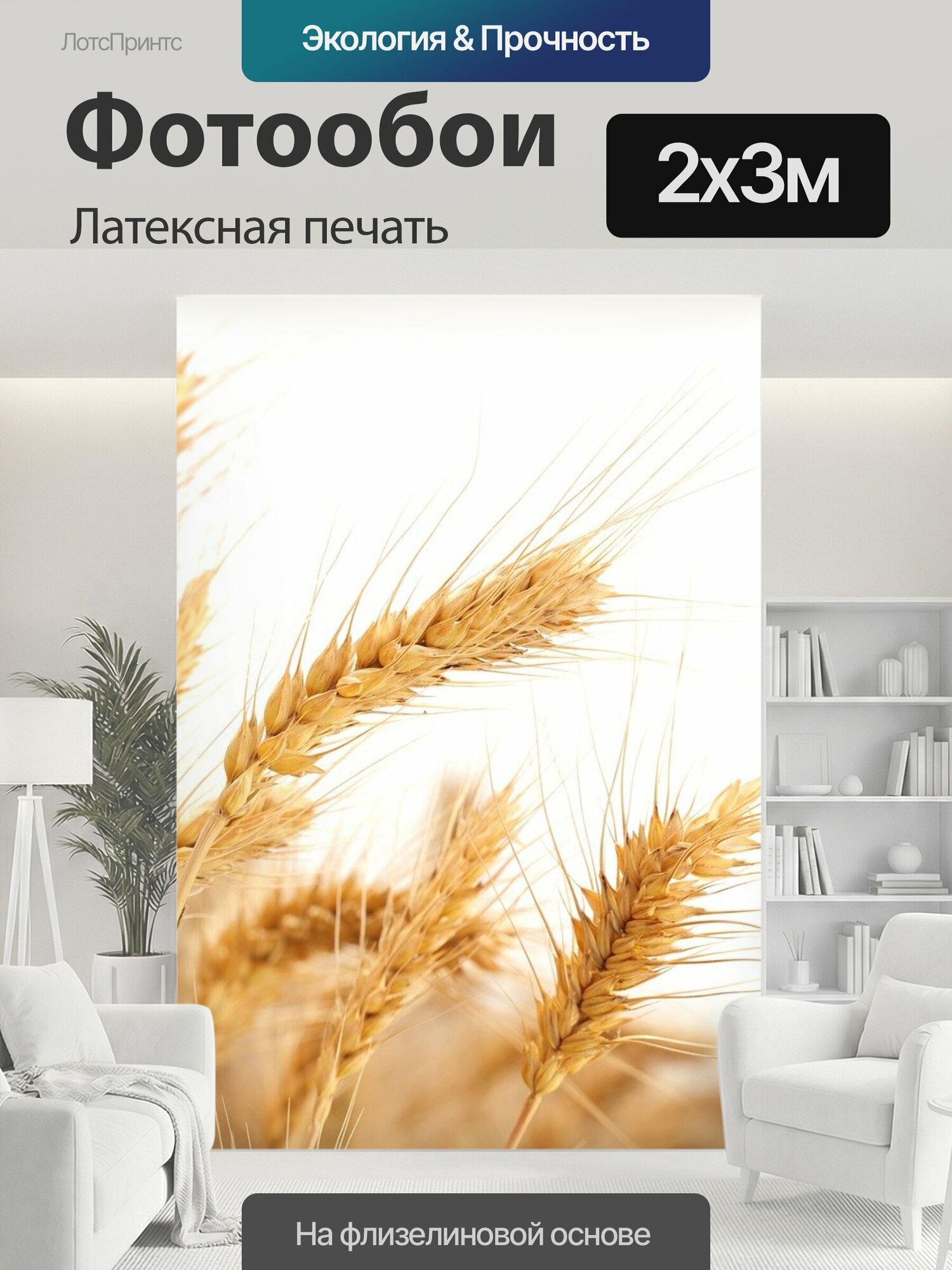 Фотообои моющиеся ударопрочные "Колосья пшеницы, пшеничное поле, пшеница" 200x300 см. латексная печать